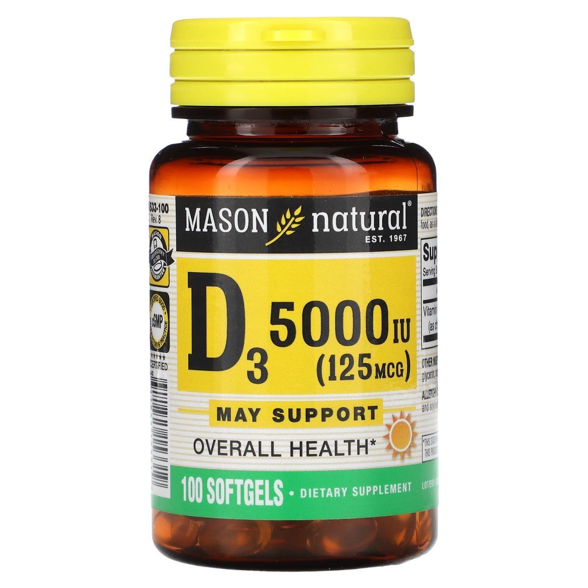 Vitamin D3 Mason Natural 125 mcg 5000 IU 100 gel capsules